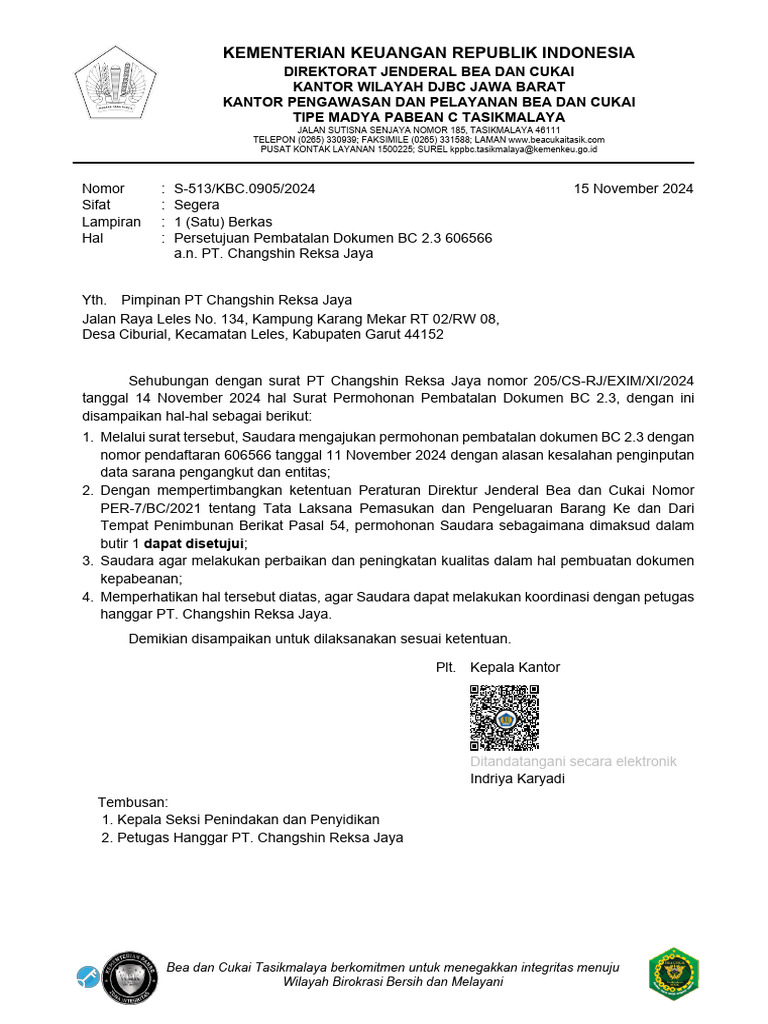 Persetujuan Pembatalan Dokumen BC 2.3 | PDF