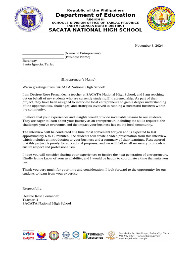 Letter For ENTREP Interview | PDF | Entrepreneurship | Human Communication