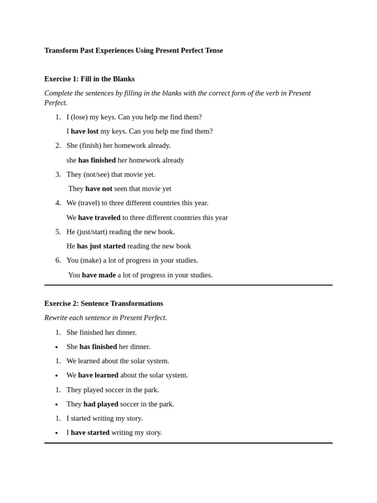 Transform Past Experiences Using Present Perfect Tense | PDF | Perfect ...