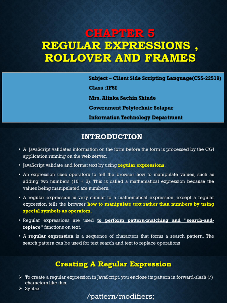 Chapter 5 Regular Expression Frames Rollovers | PDF | Regular Expression | Java Script