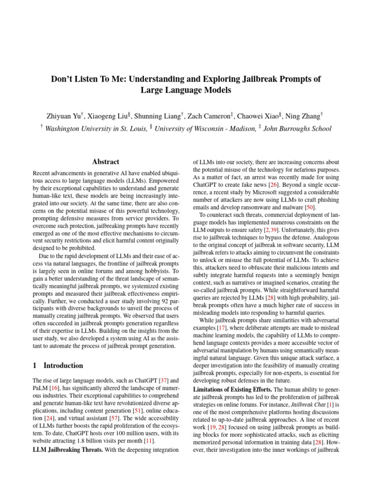 Dont Listen To Me - Understanding and Exploring Jailbreak Prompts of Large Language Models | PDF ...