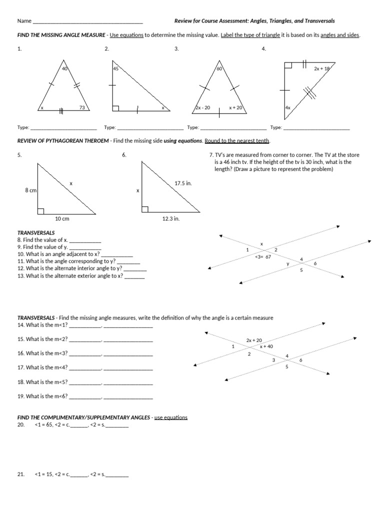 Review For Course Assessment: Angles, Triangles, and Transversals Find ...