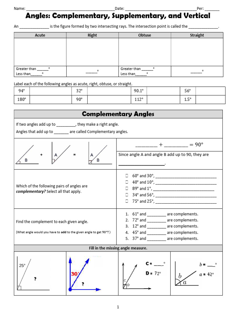 Angles: Complementary, Supplementary, and Vertical | PDF | Angle | Rotation