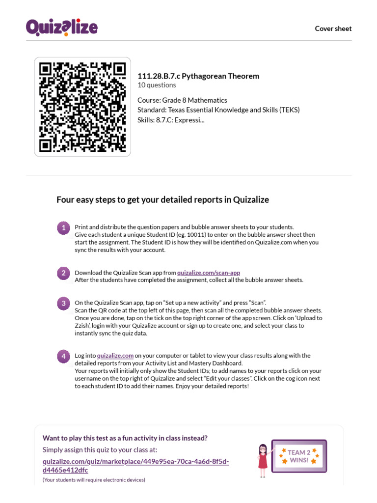 Grade 8 Pythagorean Theorem Quiz | PDF | Length