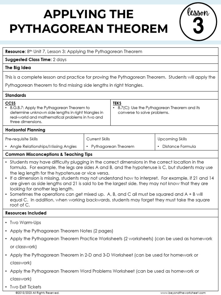 Applying The Pythagorean Theorem - Free Sample Lesson KEY | PDF | Euclidean Plane Geometry ...