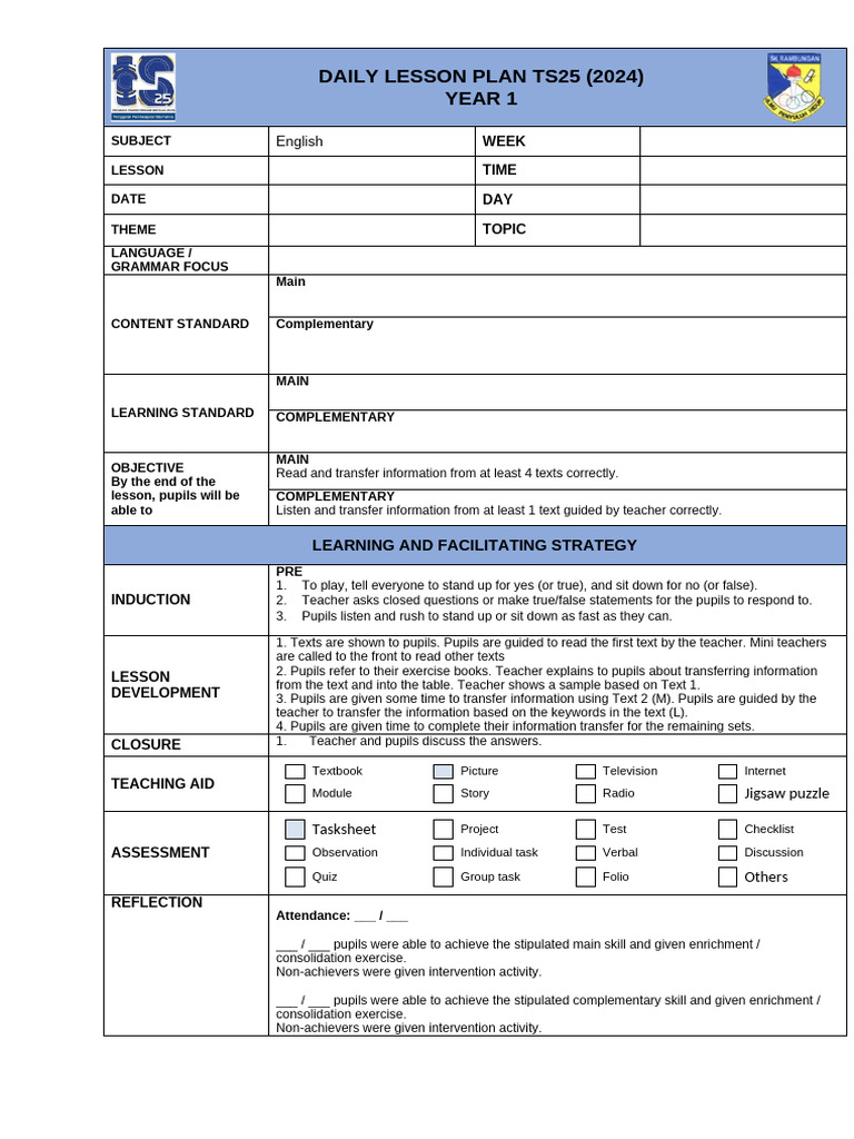 Year 1 Daily Lesson Plan | PDF | Teachers | Lesson Plan