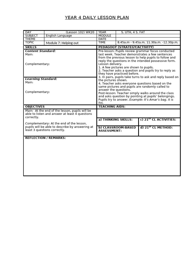 Year 4 Module 7: Helping Out Plans | PDF | Lesson Plan | Teachers