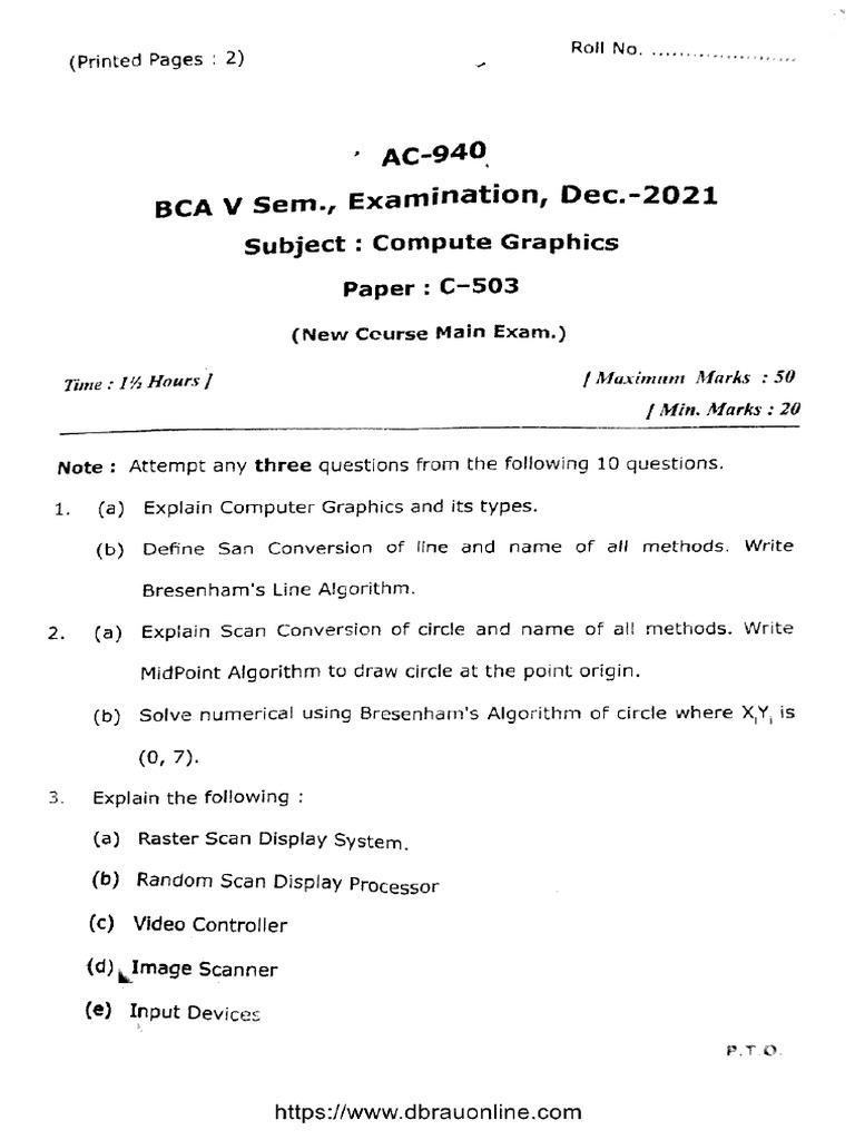 Bca 5 Sem Compute Graphics Ac 940 Dec 2021 | PDF
