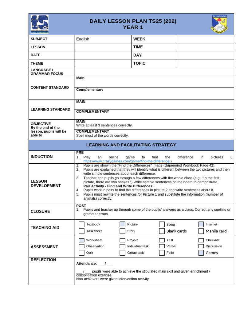 Year 1 Daily Lesson Plan | PDF | Communication | Teachers