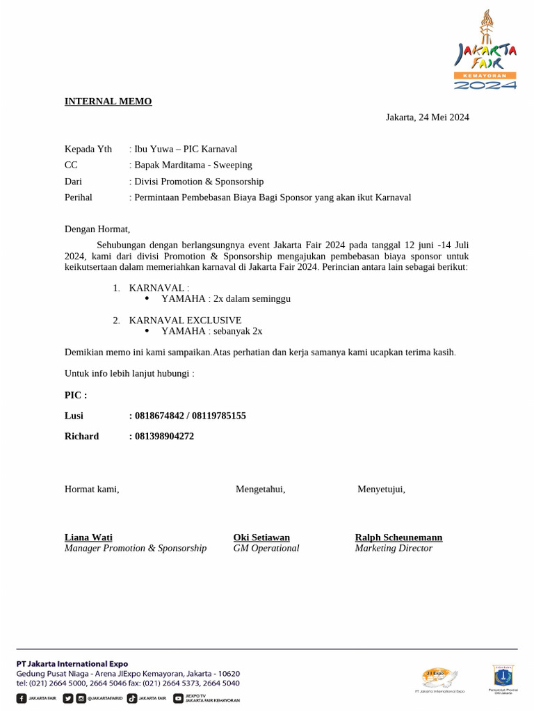 Internal Memo - Permintaan Pembebasan Biaya Bagi Sponsor Yang Akan Ikut ...