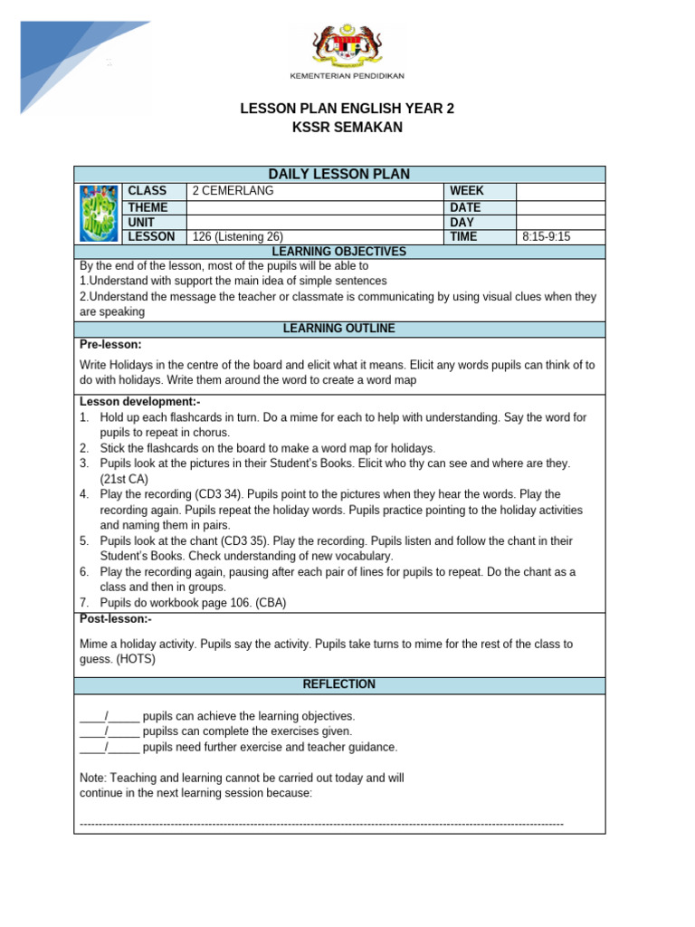 RPH Bi THN 2 New 6 - Unit 9 (LP 126-160) | PDF | Lesson Plan | Teachers