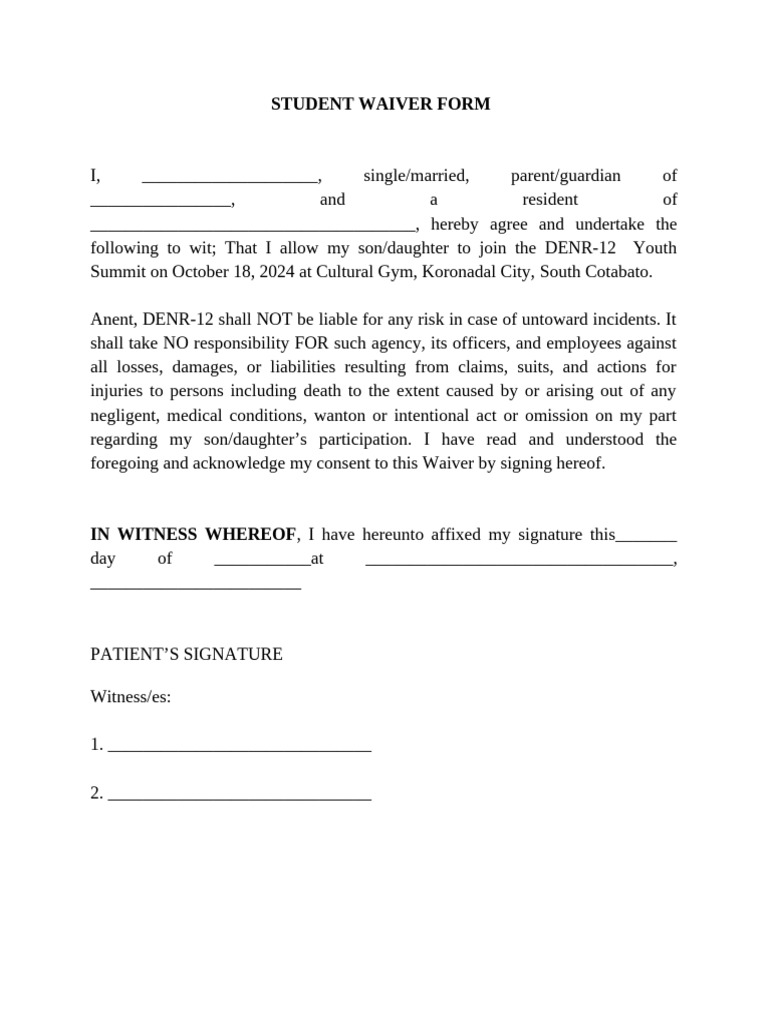 Student Waiver for DENR-12 Summit | PDF