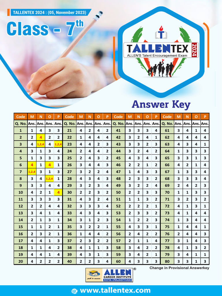 Answerkey Tallentex Class 7th Set 2 c4v1c1 | PDF