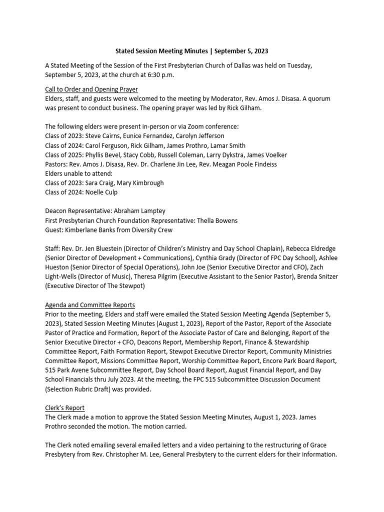 First Presbyterian Church Session Minutes | PDF | Ecclesiastical Titles ...