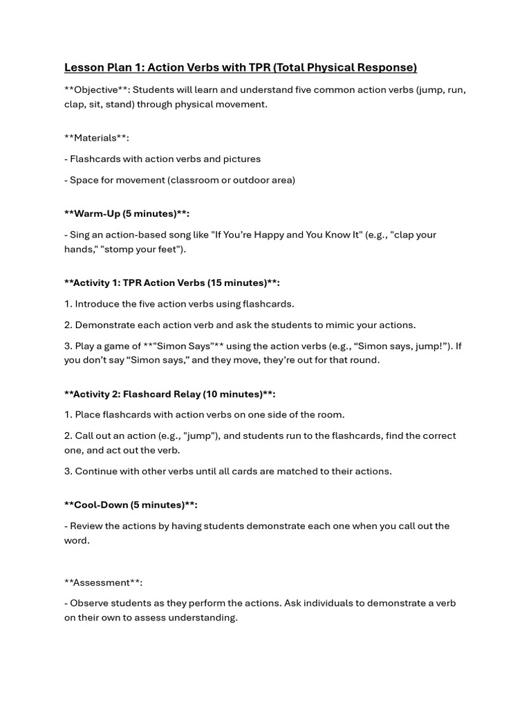 Lesson Plan - Action Verbs | PDF