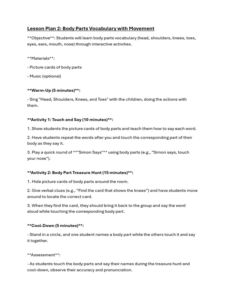 Body Parts Vocabulary Lesson Plan | PDF | Art