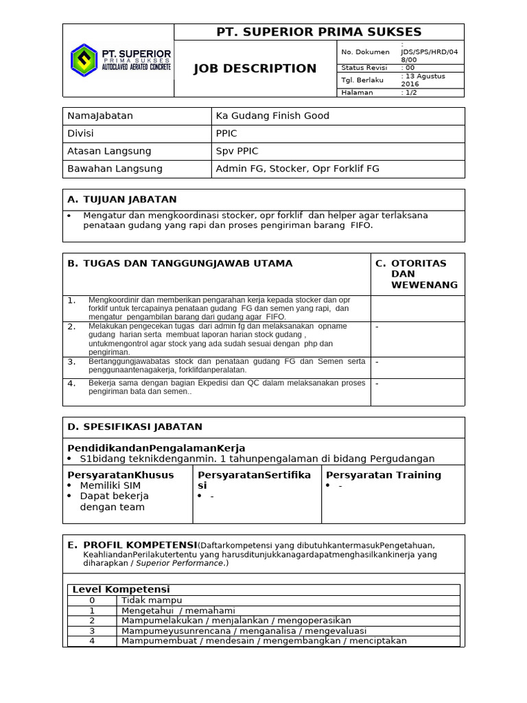 Deskripsi Jabatan Ka Gudang FG | PDF