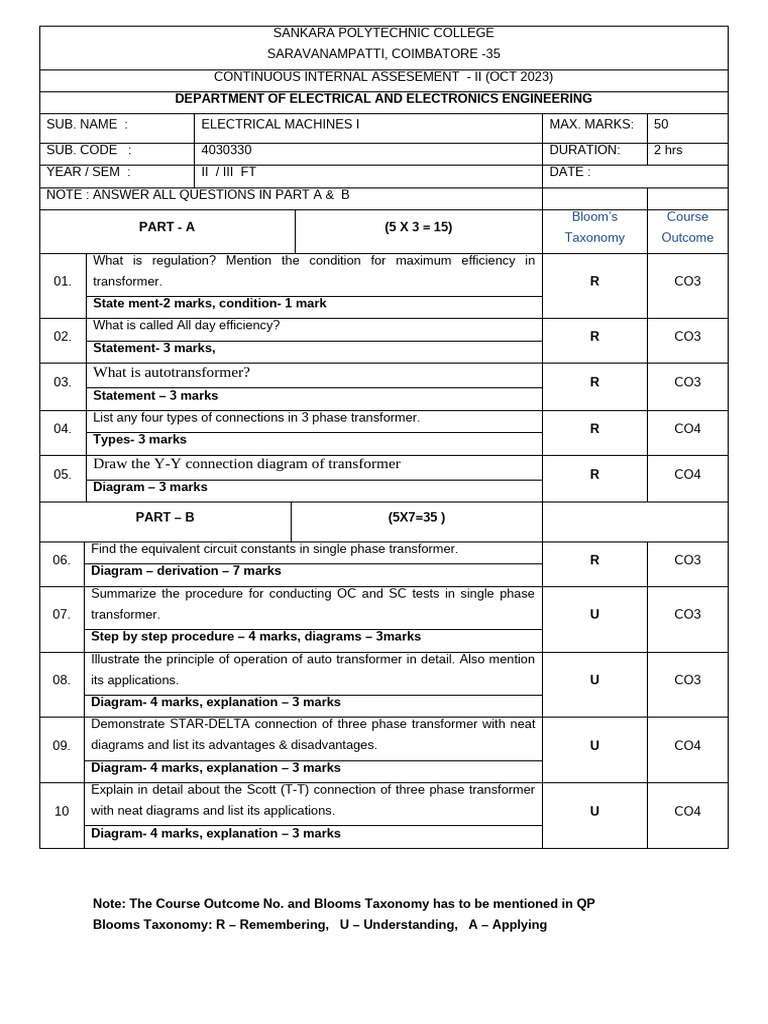 CIA TEST 2 EM I - Evaluation | PDF | Transformer | Materials Science
