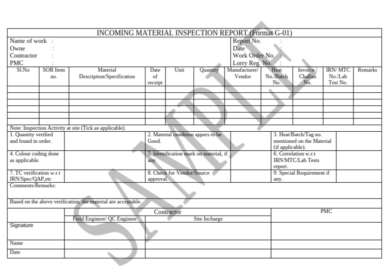 Format Incoming Material Inspection Report | PDF