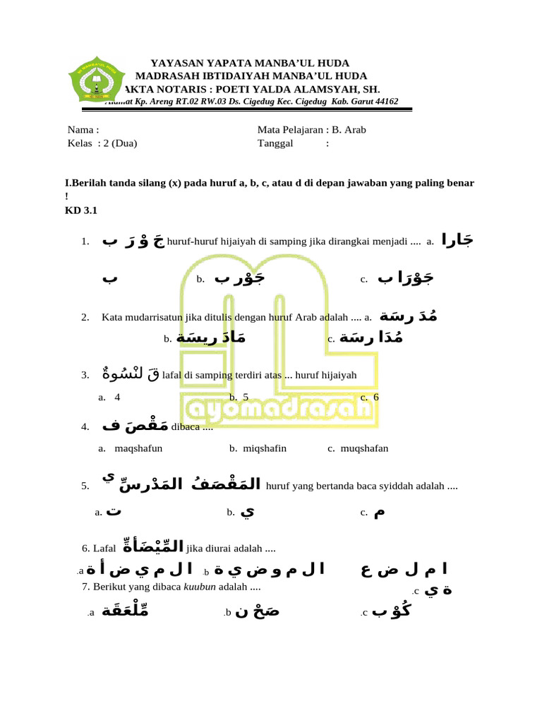 PAS B. Arab Kls 2 MI Soal Dan Kunci Jawaban | PDF