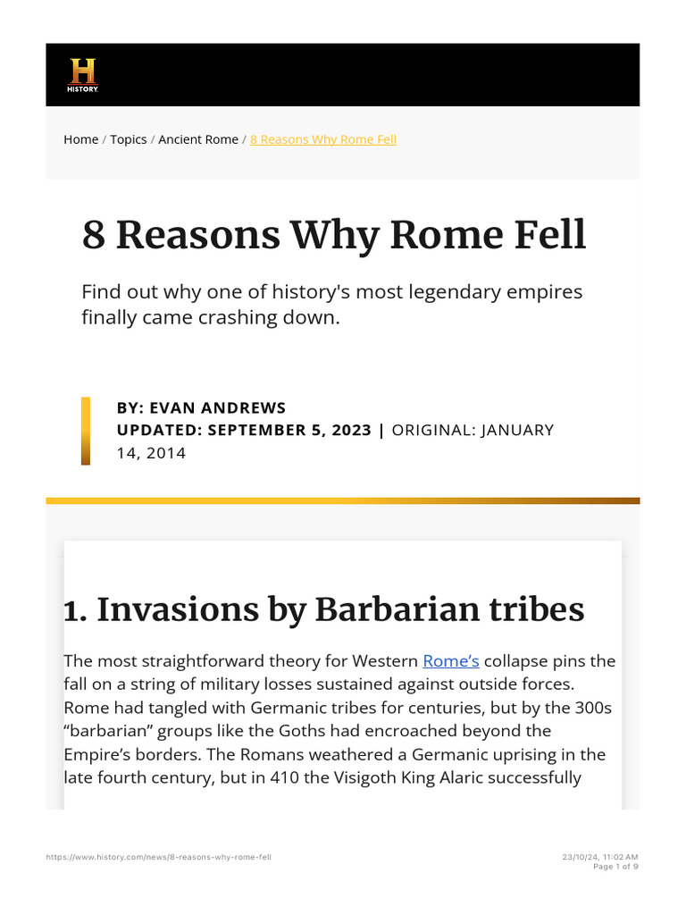 8 Reasons Why Rome Fell - G7 INS FA 3 | PDF | Ancient Rome | Roman Empire