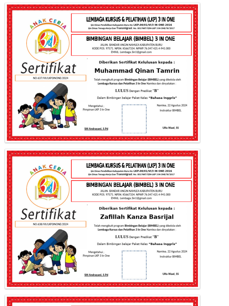 Sertifikat Bimbel | PDF