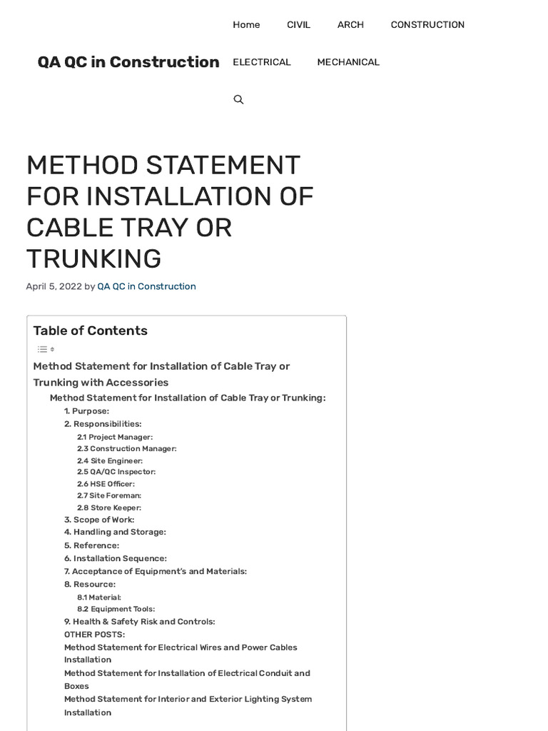 Method Statement For Installation of Cable Tray or Trunking | PDF | Electrical Wiring | Building ...