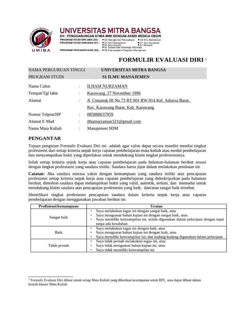 Formulir Evaluasi Diri | PDF | Bisnis | Pengembangan Diri