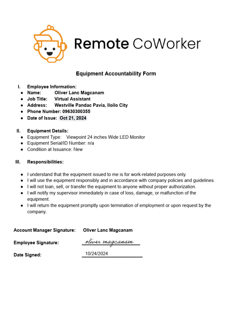 Equipment Accountability Form v.3 - Oliver Lanc Magcanam 20241023 | PDF | Business