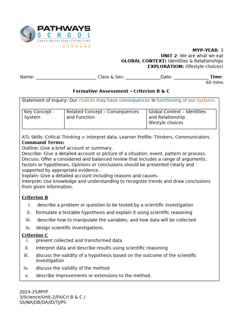 MYP3 - Science - UNIT 2 - You Are What You Eat - FA - CRI-B&C | PDF ...