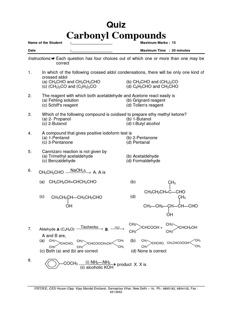 12A1 Carbonyl Compounds - Short Quiz With Hints No Key | PDF | Methyl ...