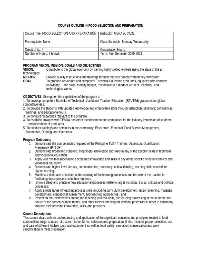 Food Selection and Preparation Course Outline | PDF | Vocational ...