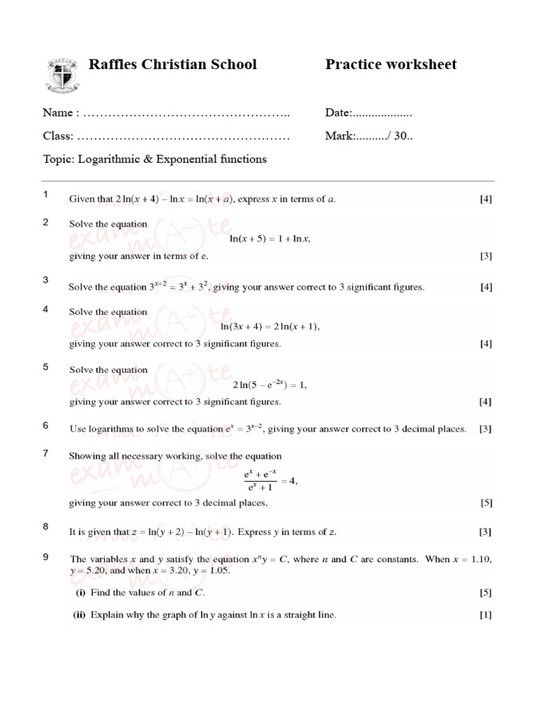 Practice Worksheet - Logarithmic & Exponential Functions | PDF