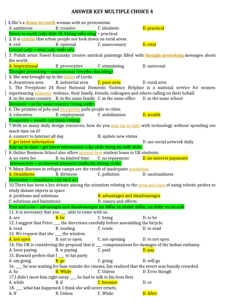 Answer Key To Multiple Choice 4 | PDF | Social Science | Lifestyle