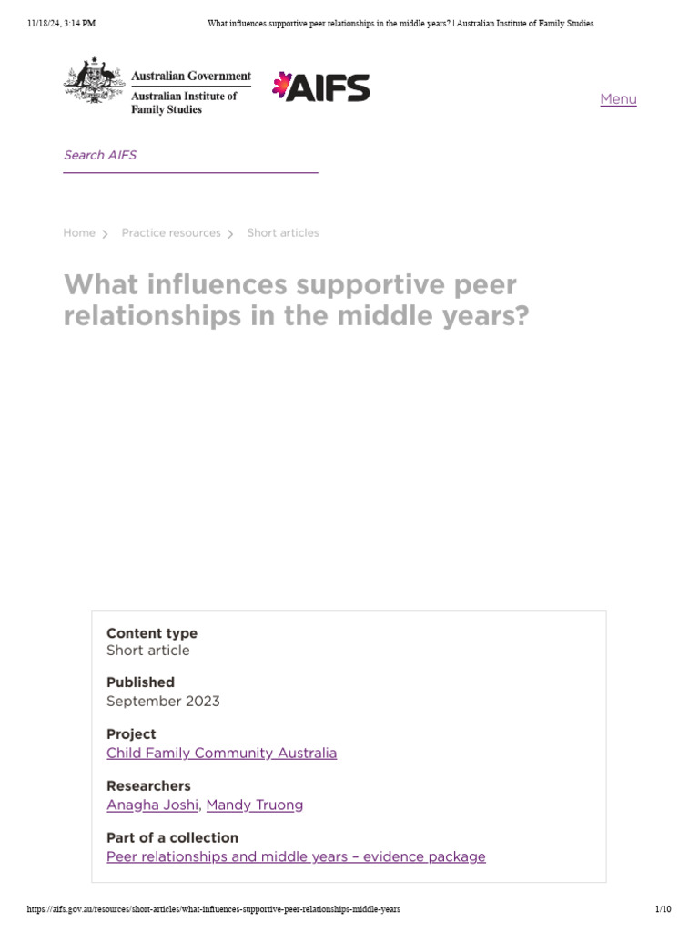 What Influences Supportive Peer Relationships in The Middle Years ...