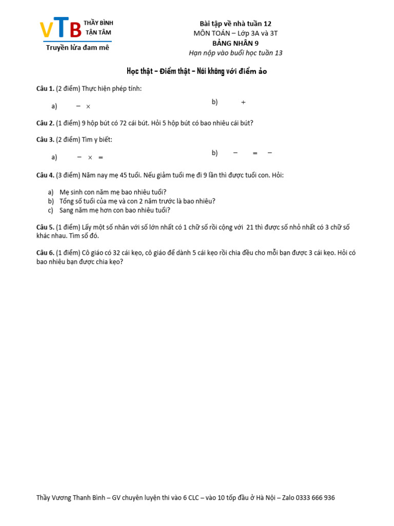 Tuần 12. BTVN. Bảng nhân 9 | PDF