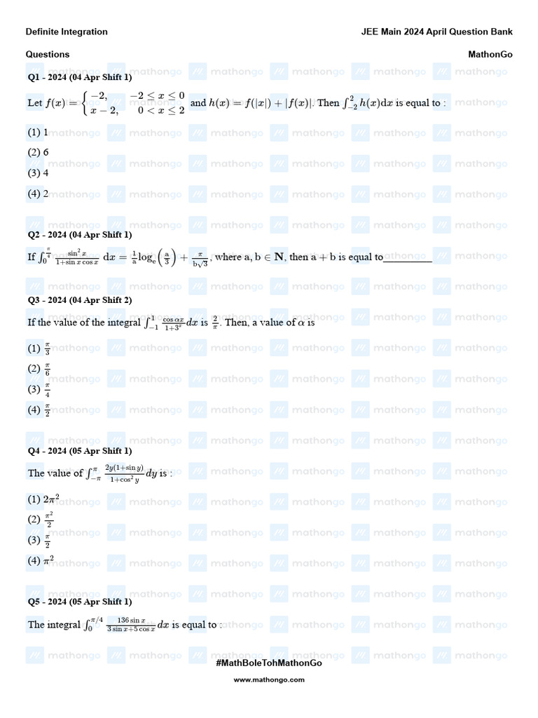 Definite Integration - JEE Main 2024 April Question Bank - MathonGo | PDF