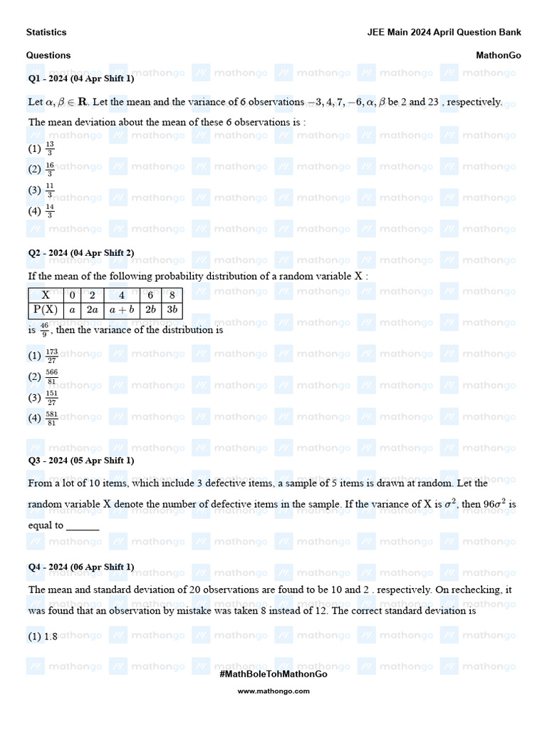 Statistics - JEE Main 2024 April Question Bank - MathonGo | PDF ...