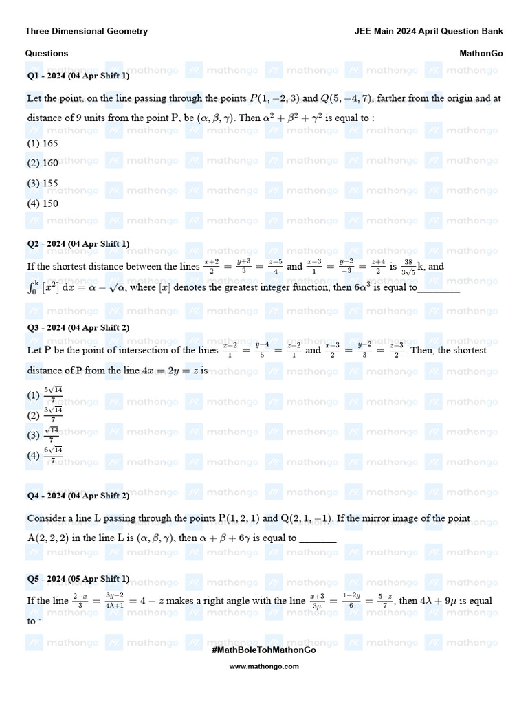 Three Dimensional Geometry - JEE Main 2024 April Question Bank - MathonGo | PDF | Analytic ...