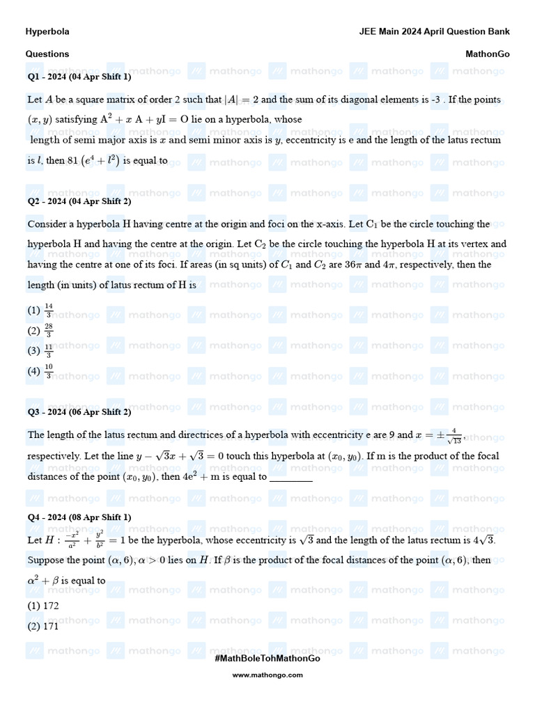 JEE Main 2024 Hyperbola Questions | PDF | Euclidean Plane Geometry ...