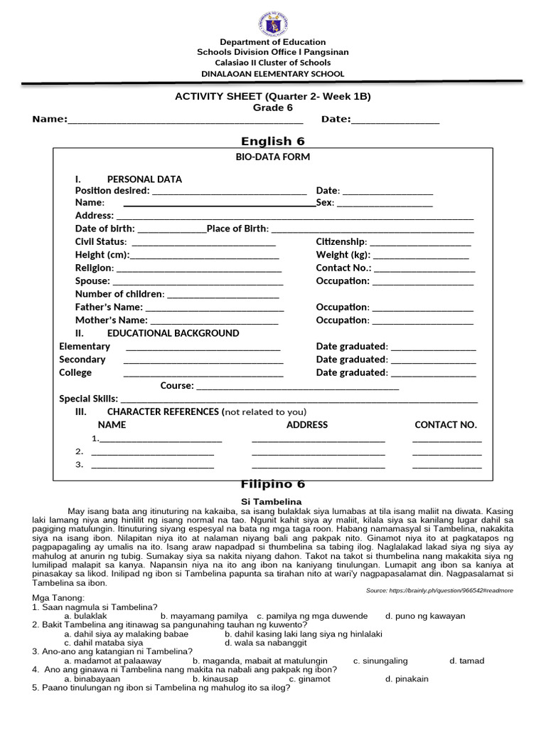 Activity Sheet q2 w1b | PDF