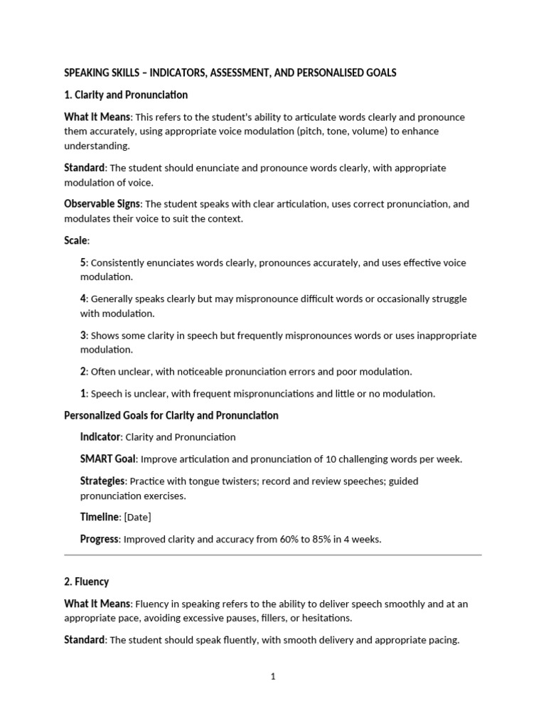 Speaking Skills - Indicators, Assessment, and Personalised Goals | PDF ...