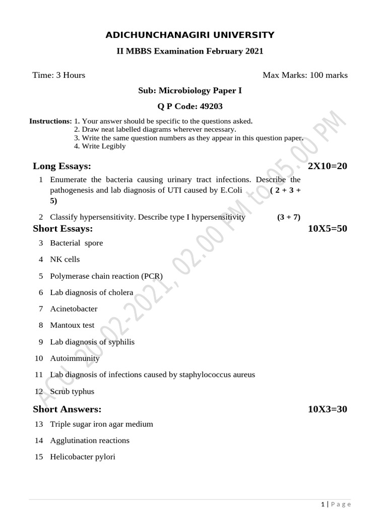 Microbiology Paper I 20-02-2021 | PDF