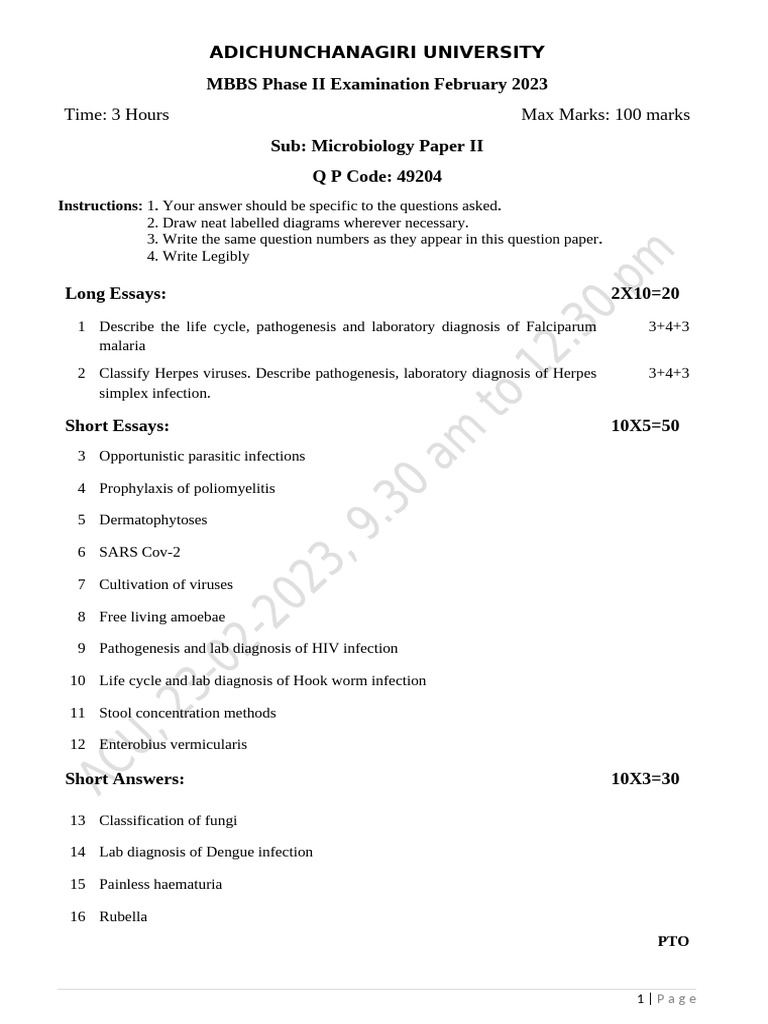 Microbiology Paper II-FEB-2023 - 2018 Batch | PDF | Science & Mathematics