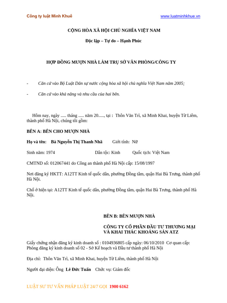 Mau Hop Dong Muon Nha Lam Tru So Cong Ty | PDF