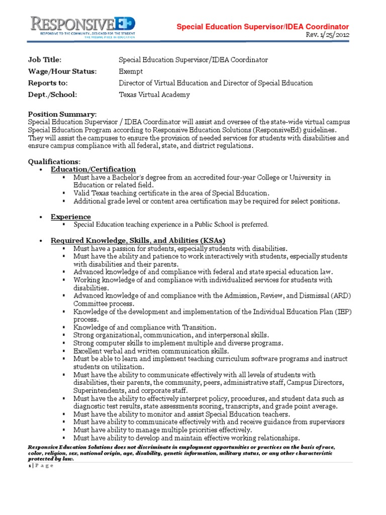 Special Education Supervisor - IDEA Coordinator TxVA Job Description ...