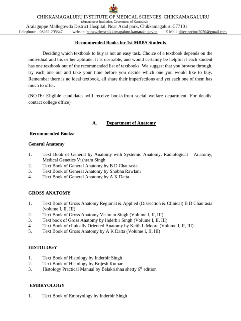 Cims Recommended Books For 1ST MBBS | PDF | Anatomy | Morphology (Biology)