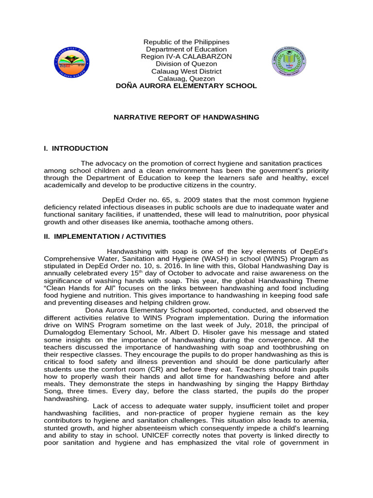 Wins Handwashing Narrative Report | PDF | Hand Washing | Hygiene