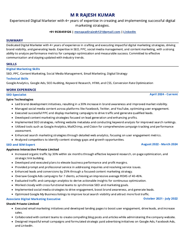 M R Rajesh Kumar - Resume | PDF | Digital Marketing | Search Engine Optimization