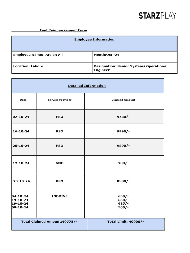 Monthly Fuel Reimbursement Form OCT - 24 | PDF